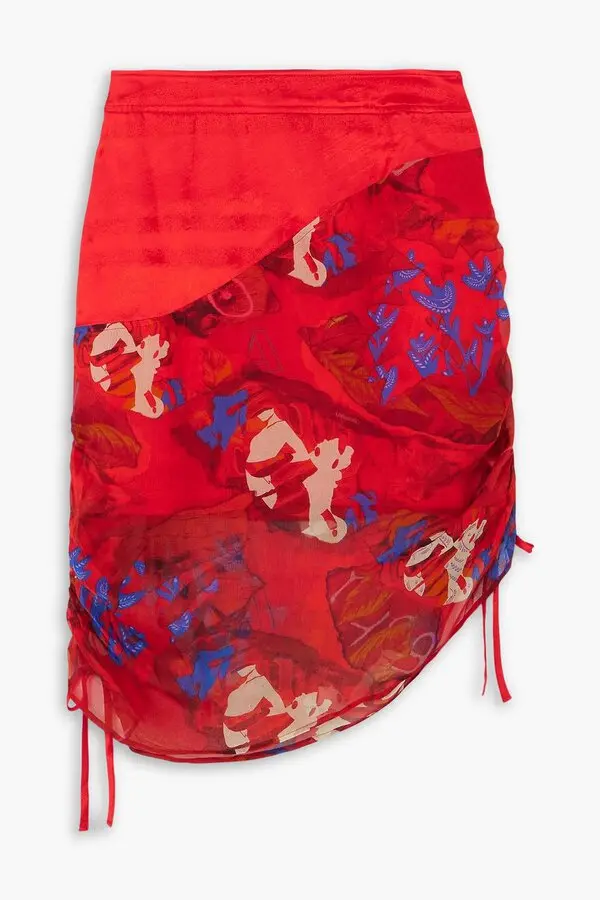 Ahluwalia Priya Asymmetric Ruched Satin And Printed Tulle Mini Skirt - Red