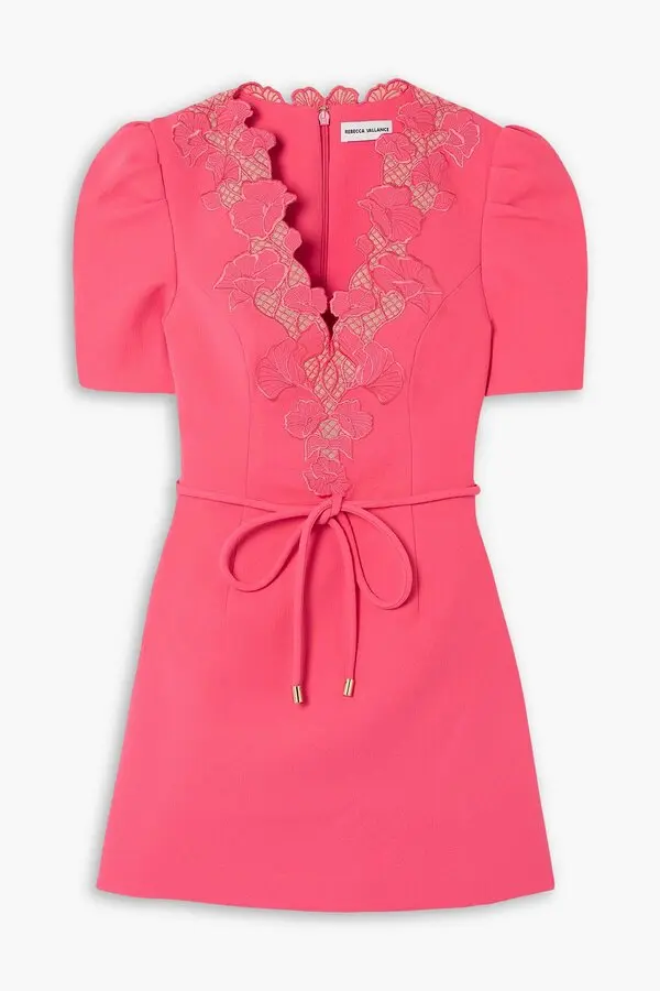 Rebecca Vallance Lulu Belted Lacetrimmed Cady Mini Dress - Bubblegum