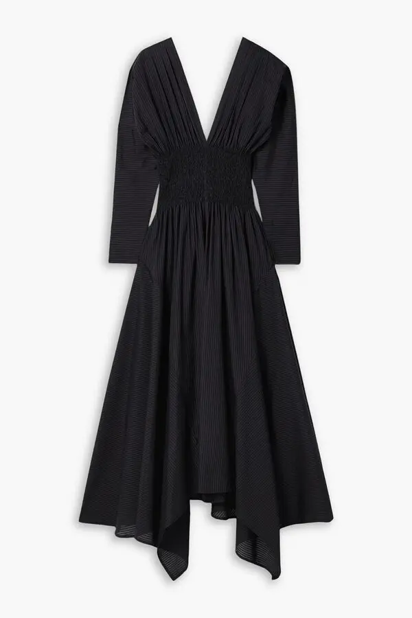 SALON 1884 Shirred Asymmetric Striped Cottonpoplin Maxi Dress - Black