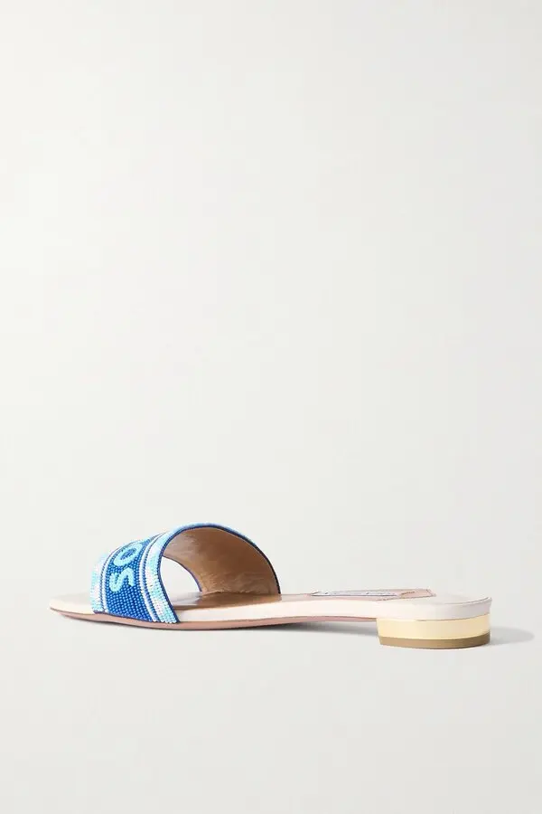 AQUAZZURA Mykonos Beaded Leather Slides - White