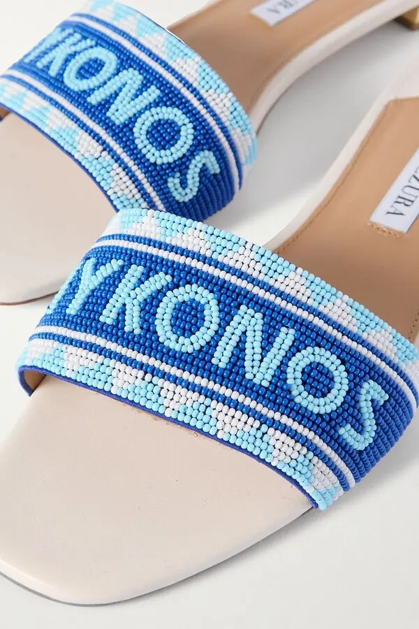 AQUAZZURA Mykonos Beaded Leather Slides - White