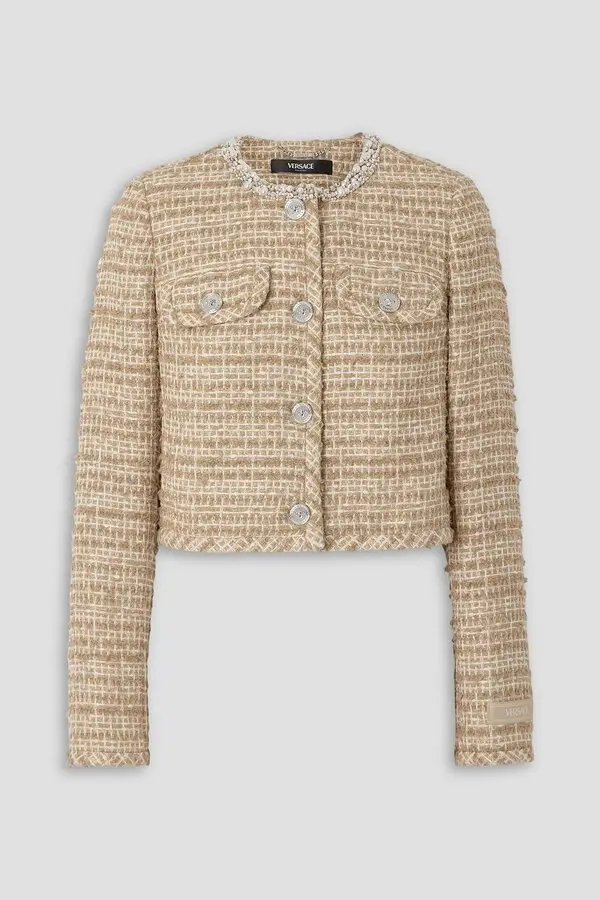 Versace Embellished Cottonblend Tweed Jacket - Beige