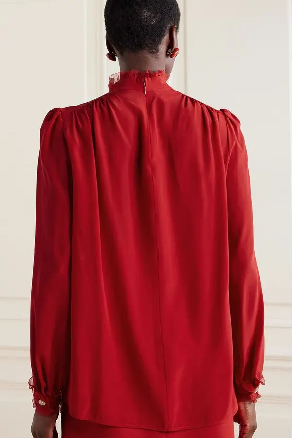 Versace Lace-trimmed Ruffled Silk Crepe De Chine Blouse