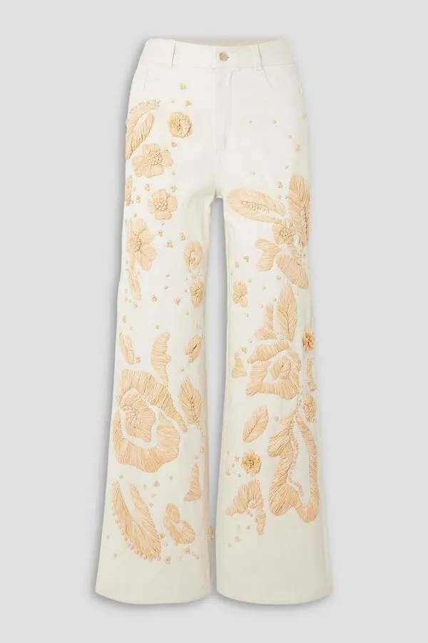 Cult Gaia Jarli Raffiaappliquéd Highrise Wideleg Jeans - Ivory