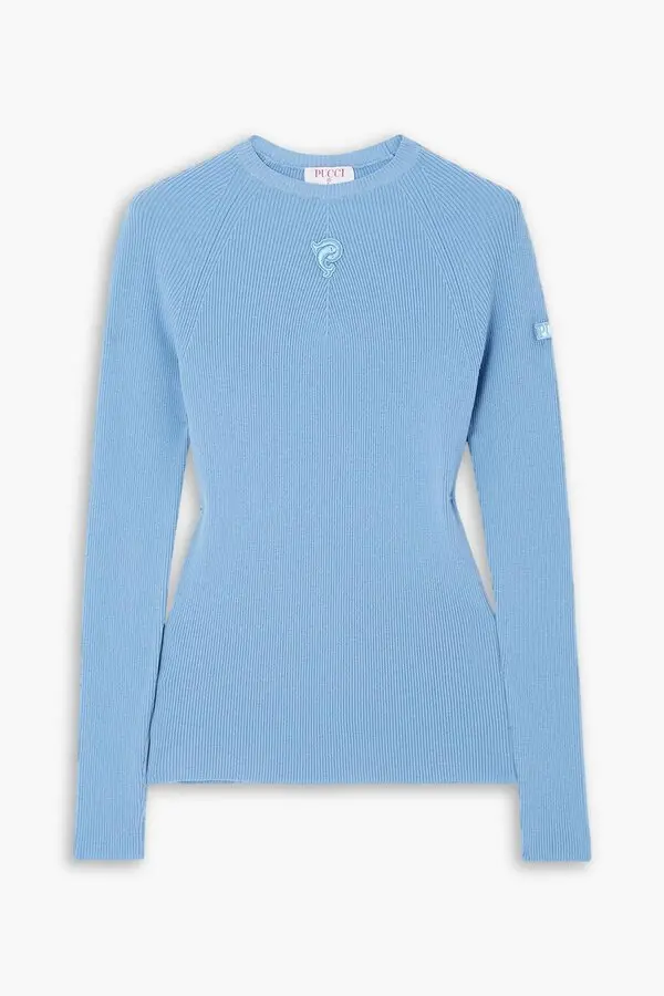 Emilio Pucci Appliquéd Ribbed Woolblend Sweater - Light Blue