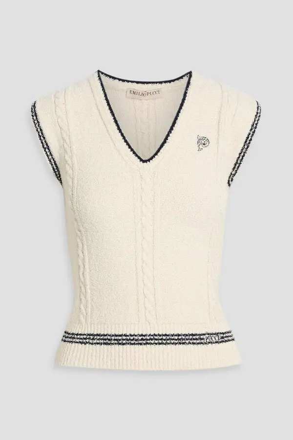 Emilio Pucci Striped Embroidered Cableknit Cottonblend Vest - Ecru