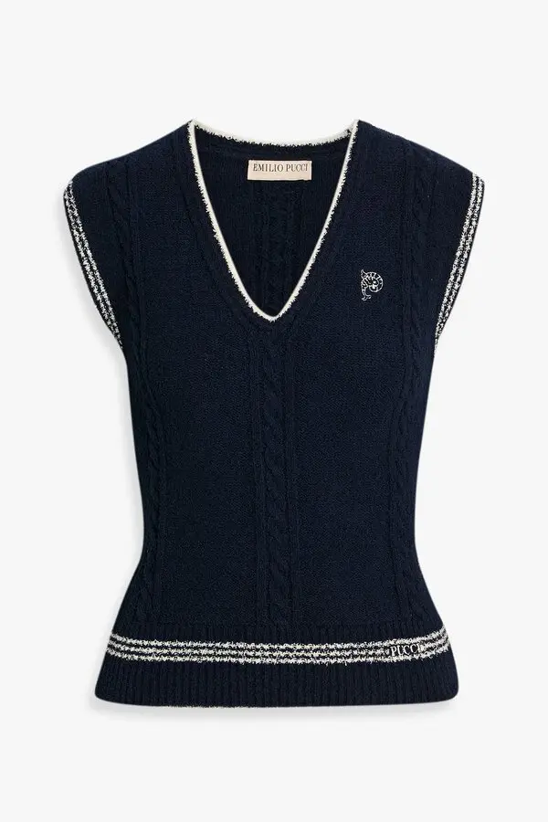 Emilio Pucci Striped Embroidered Cableknit Cottonblend Vest - Navy