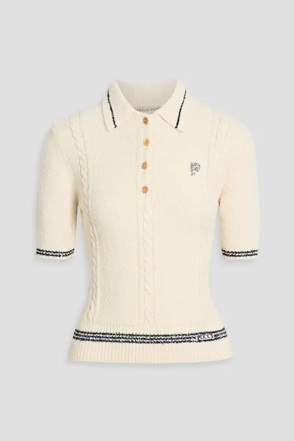 Emilio Pucci Striped Embroidered Cableknit Cottonblend Polo Shirt - Ivory