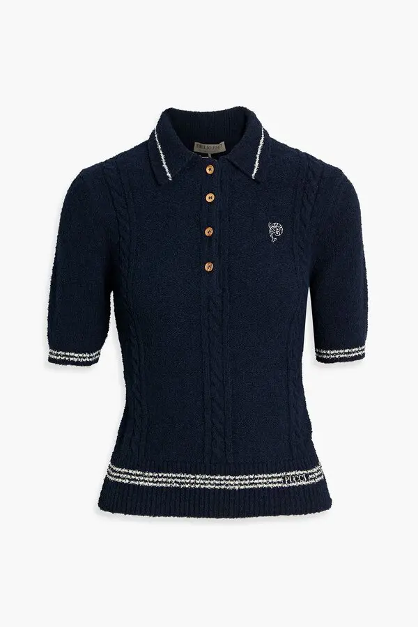 Emilio Pucci Striped Embroidered Cableknit Cottonblend Polo Shirt - Navy