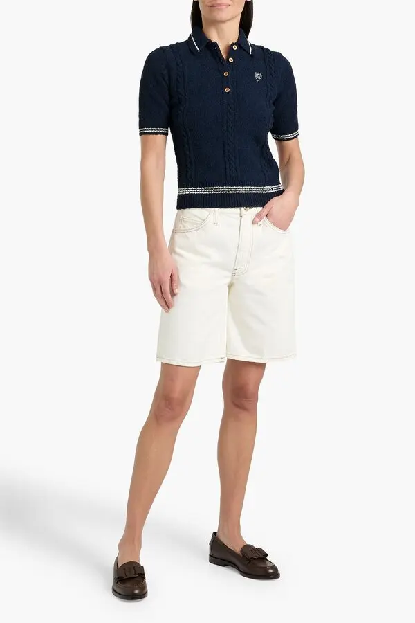 Emilio Pucci Striped Embroidered Cable-knit Polo Shirt - Navy