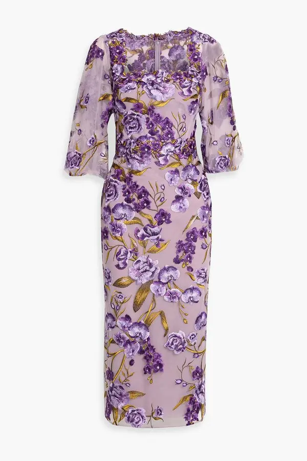 Marchesa Embroidered Tulle Midi Dress - Purple
