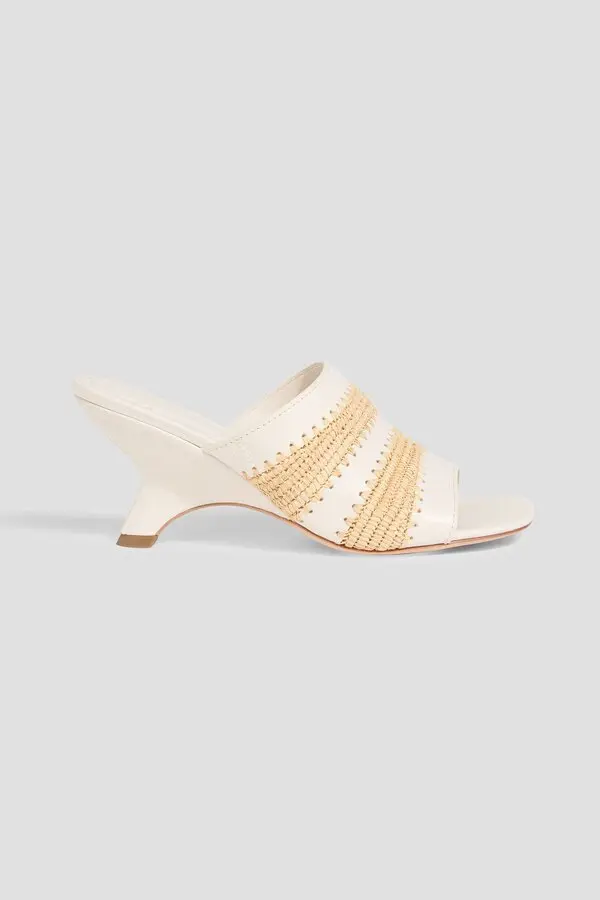 Simkhai Shadow Leather And Raffia Wedge Mules - Off-white
