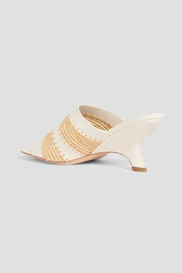 Simkhai Shadow Leather And Raffia Wedge Mules - Off-white