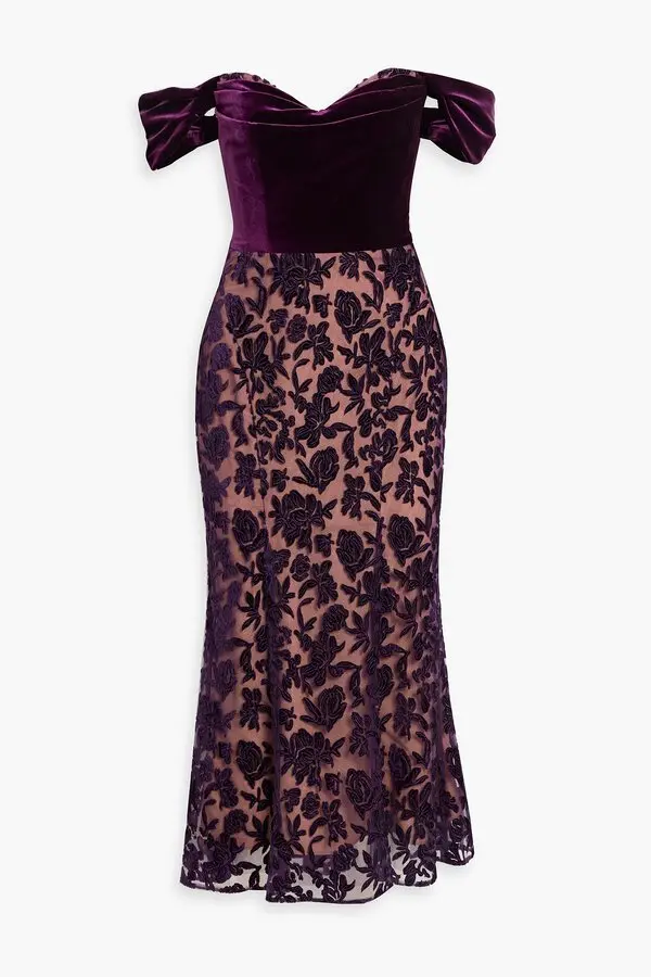 Marchesa Offtheshoulder Devorévelvet Midi Dress - Dark Purple