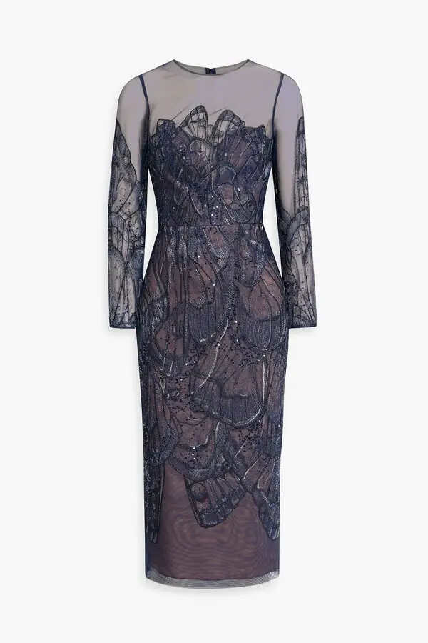 Marchesa Embellished Tulle Midi Dress - Navy