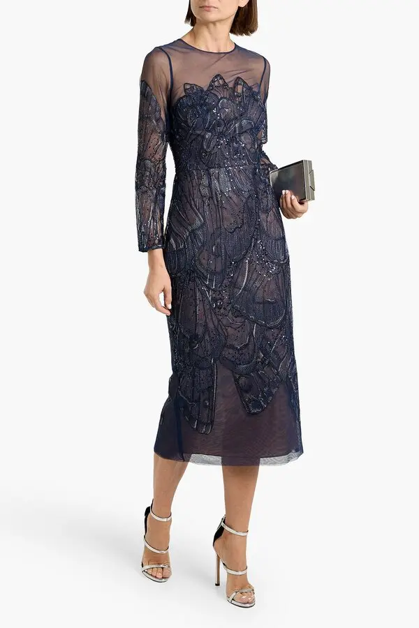 Marchesa Embellished Tulle Midi Dress