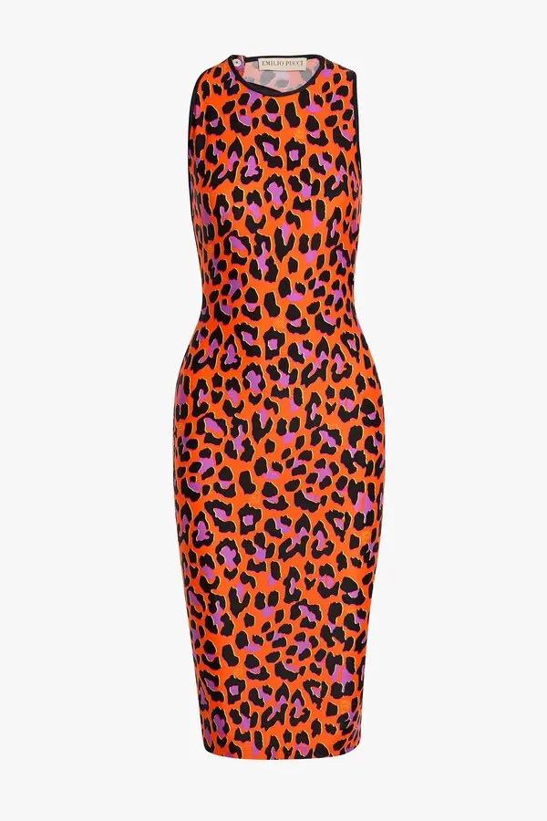 Emilio Pucci Cutout Leopardprint Stretchjersey Midi Dress - Orange
