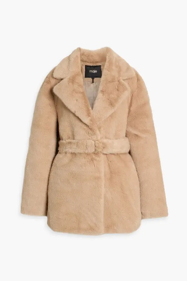 Maje Belted Plush Coat - Sand