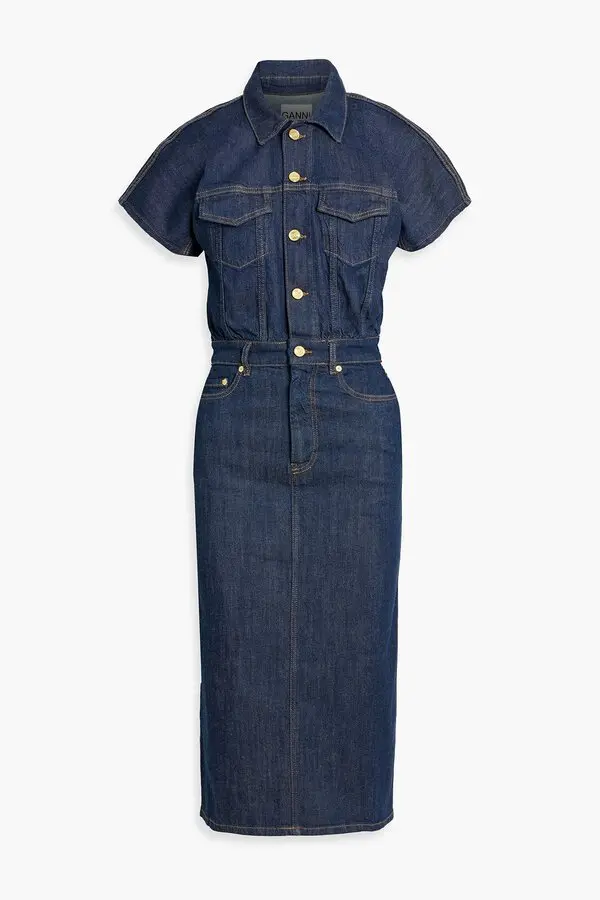 GANNI Embroidered Denim Midi Shirt Dress - Dark Denim