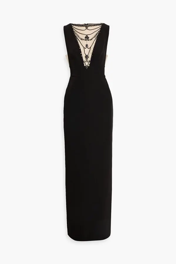 Marchesa Embellished Tullepaneled Cady Gown - Black