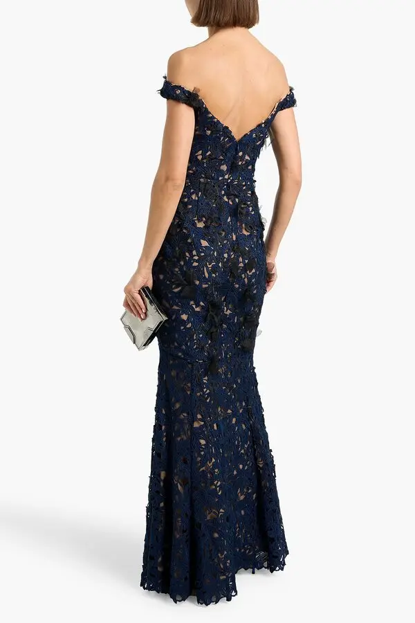 Marchesa Off-the-shoulder Guipure Lace Gown - Navy