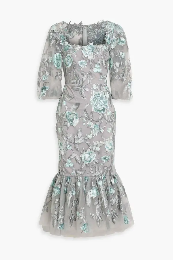 Marchesa Embroidered Tulle Midi Dress - Light Gray