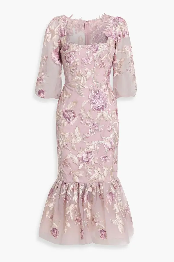 Marchesa Embroidered Tulle Midi Dress - Lilac