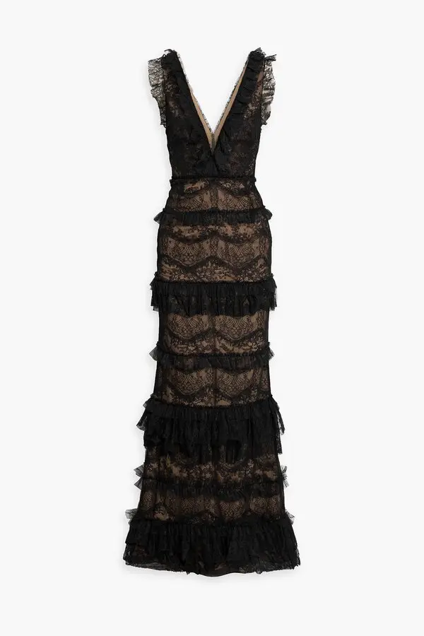 Marchesa Ruffled Layered Point D'esprit And Corded Lace Gown - Black