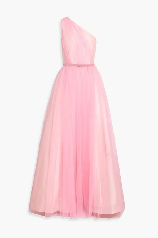Badgley Mischka Oneshoulder Gathered Tulle And Satincrepe Gown - Pink