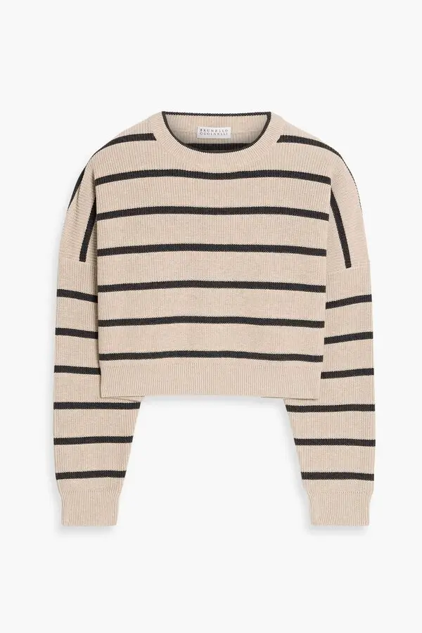 Brunello Cucinelli Cropped Striped Cotton Sweater - Beige
