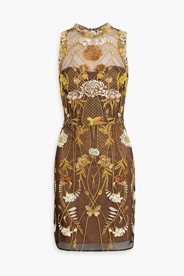 Marchesa Embroidered Tulle Mini Dress - Yellow