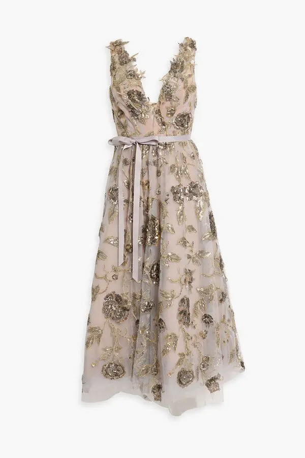 Marchesa Embellished Tulle Midi Dress