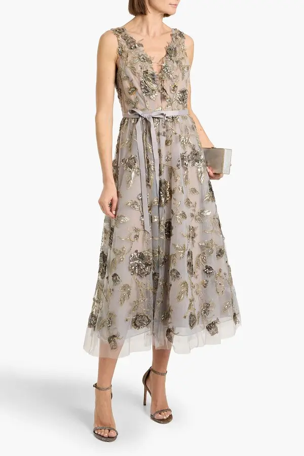 Marchesa Embellished Tulle Midi Dress