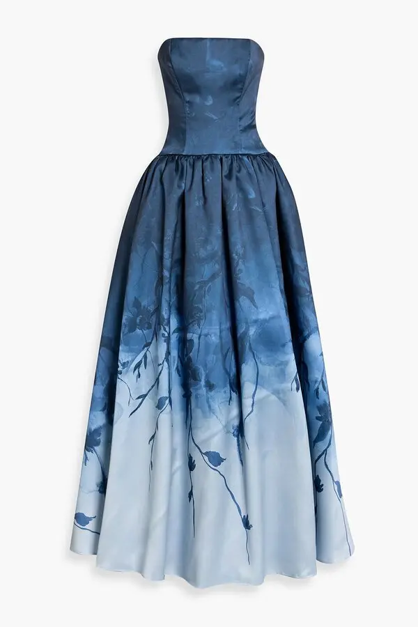 Marchesa Strapless Printed Mikado Gown