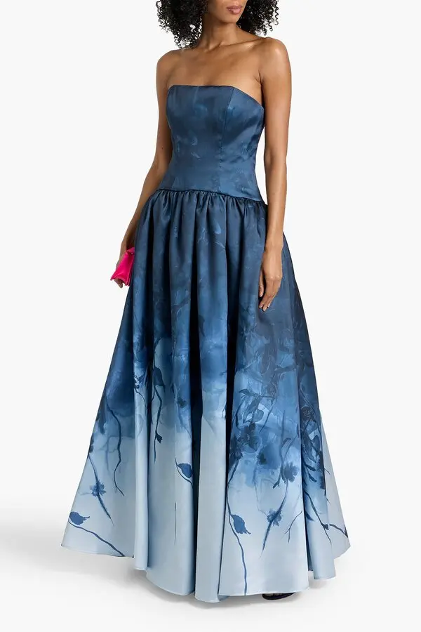 Marchesa Strapless Printed Mikado Gown