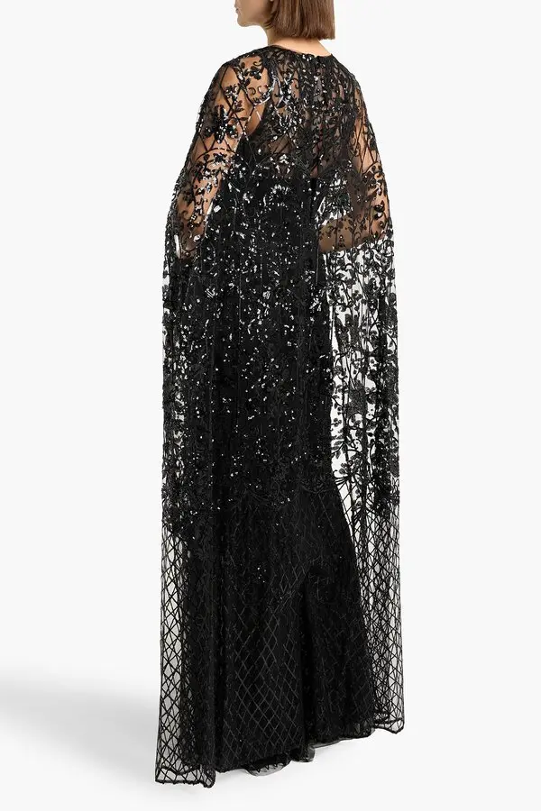Marchesa Capeeffect Sequined Tulle Gown - Black