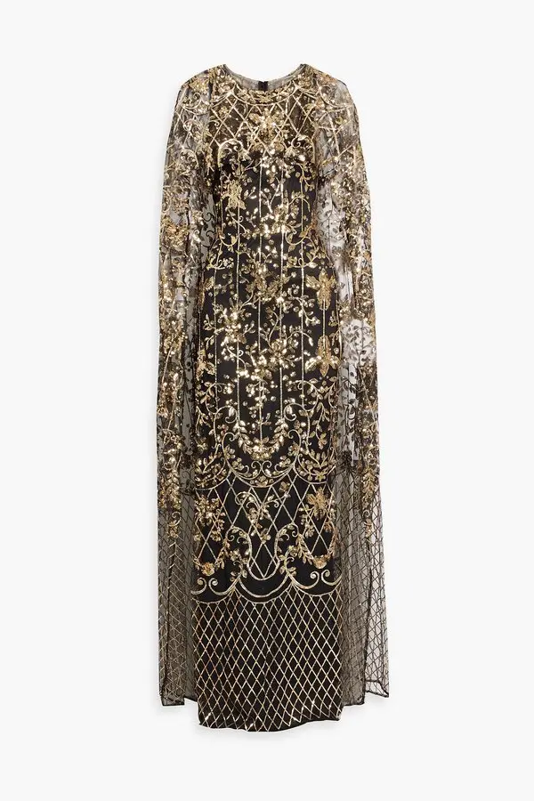 Marchesa Capeeffect Sequined Tulle Gown - Gold