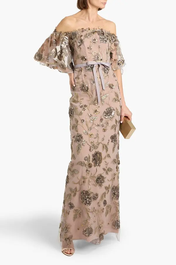 Marchesa Off-the-shoulder Embellished Tulle Gown