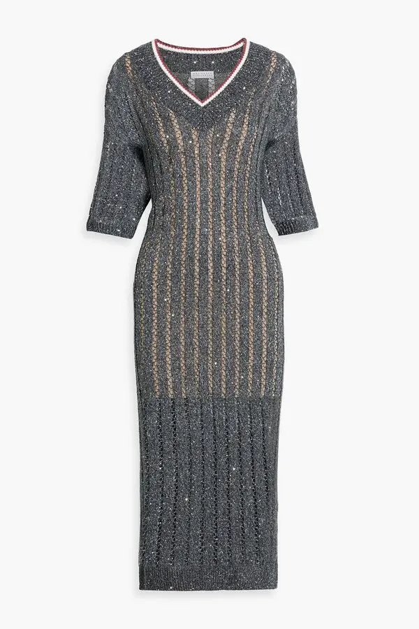 Brunello Cucinelli Sequinembellished Openknit Linenblend Midi Dress - Navy