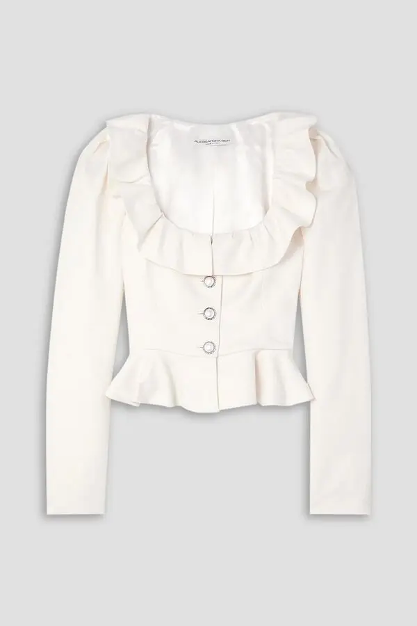 Alessandra Rich Embellished Ruffled Cropped Woolcrepe Jacket - Ivory