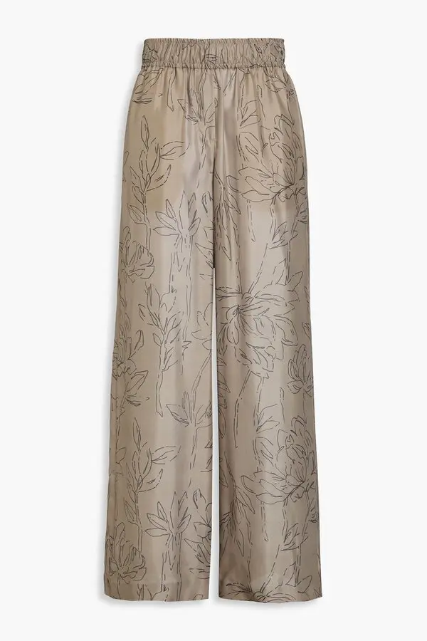 Brunello Cucinelli Printed Silksatin Wideleg Pants - Mushroom