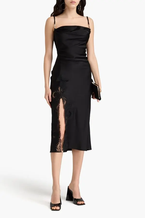Versace Embellished Guipure Lace-paneled Satin Midi Dress