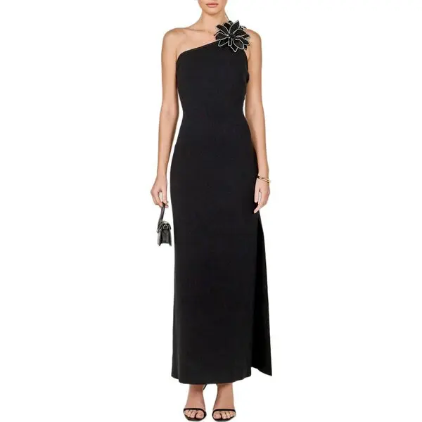 Endless Rose One-shoulder Knit Maxi Dress - Black