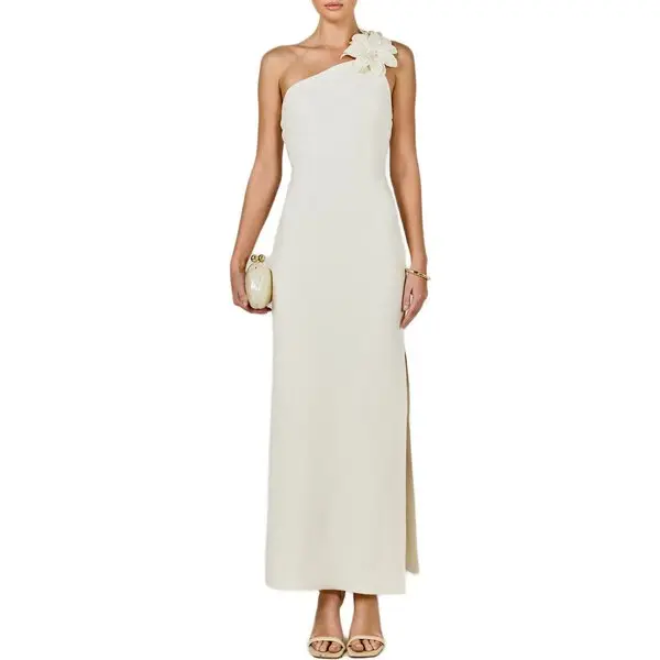 Endless Rose Flower One-shoulder Knit Maxi Dress - Off White