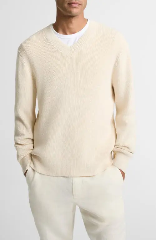 Vince Solid V-neck Cotton Blend Ribbed Sweater