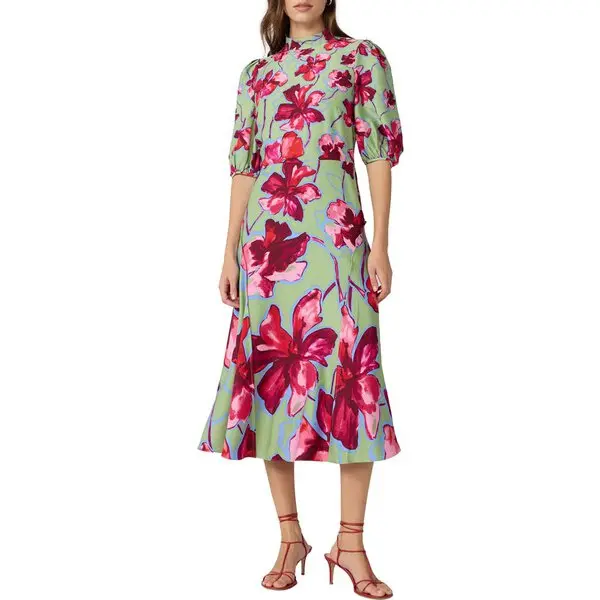 Diane Von Furstenberg Nella Floral Mock Neck Midi Dress - Hibiscus Smoke Degrade