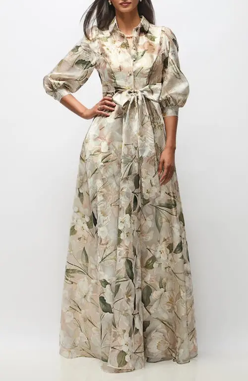 After Six Marie Metallic Floral Tie Waist Organza Gown - Plumeria Floral Print
