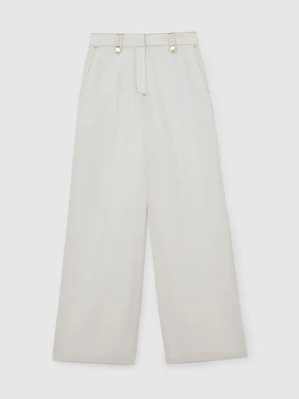 REISS Lyocell Topstitched Wide-leg Trousers - White