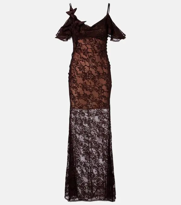 SELF-PORTRAIT Off-shoulder Lace Gown - Brown