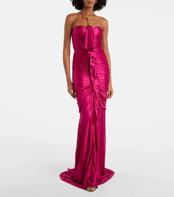 Balmain Draped Ruffled Satin Bustier Gown